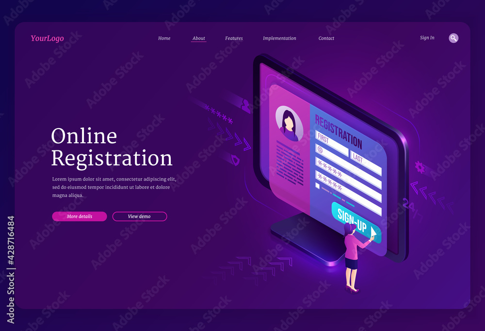 Online registration isometric landing page. Tiny woman push sign up ...