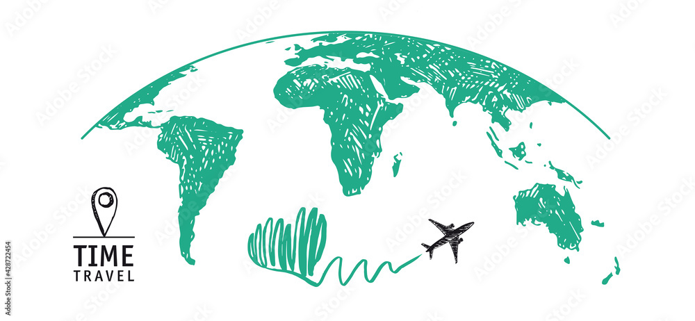 Map of the world, The plane drew a heart. Grunge style, vector ...