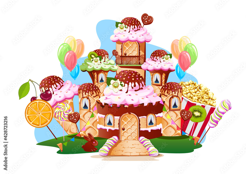 Sweet castle in the candy land. Sweet fairy tale vector illustration on ...