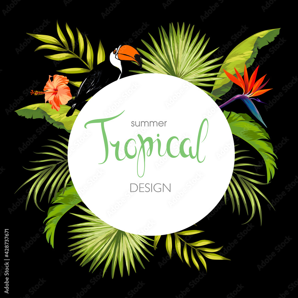 Tropical vector flyer with exotic plants and palm leaves. Advertising ...