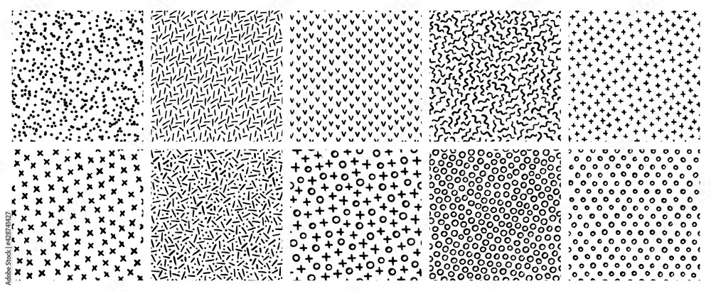 Set of hand drawn textured seamless patterns. Simple textures for ...