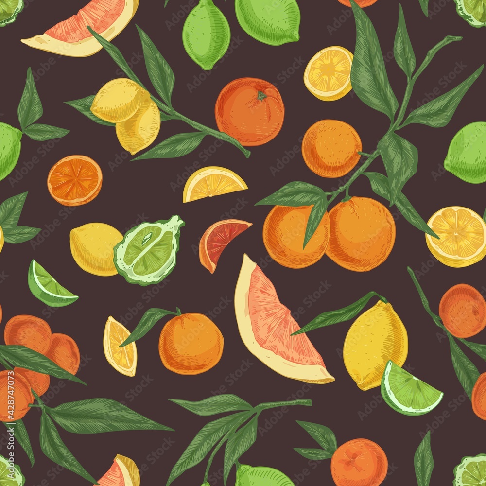 Seamless fruity pattern with different citrus fruits on black ...