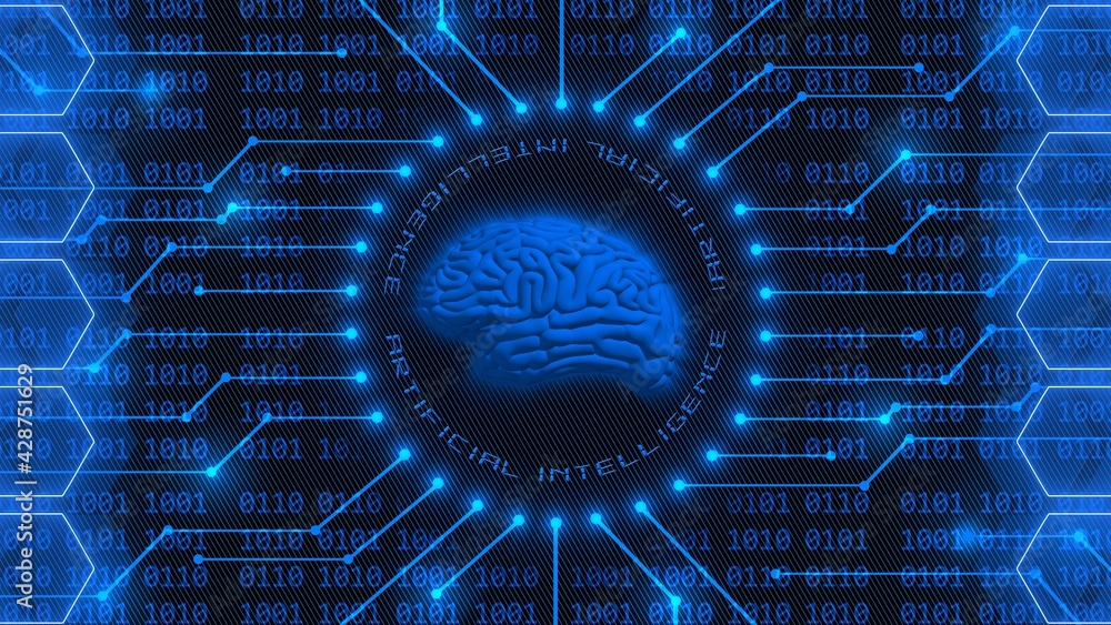 Human brain symbolic on AI Artificial Intelligence background with blue ...