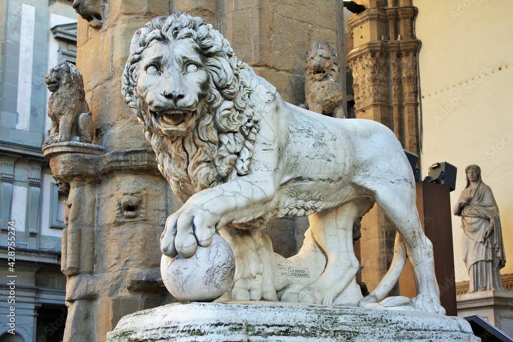 Poster Florence, Tuscany, Italy: ancient statue of a lion in Piazza ...