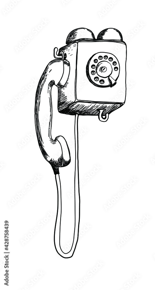 Vector ink line drawing of the antique telephone Stock Vector | Adobe Stock