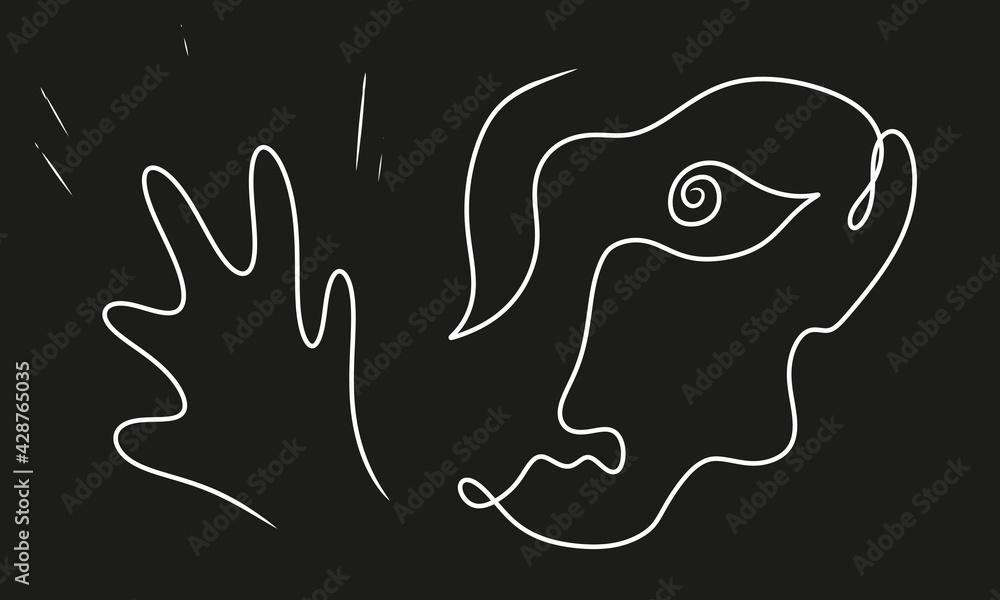 Abstract hand drawn distorted face of human with hand sign. White ...