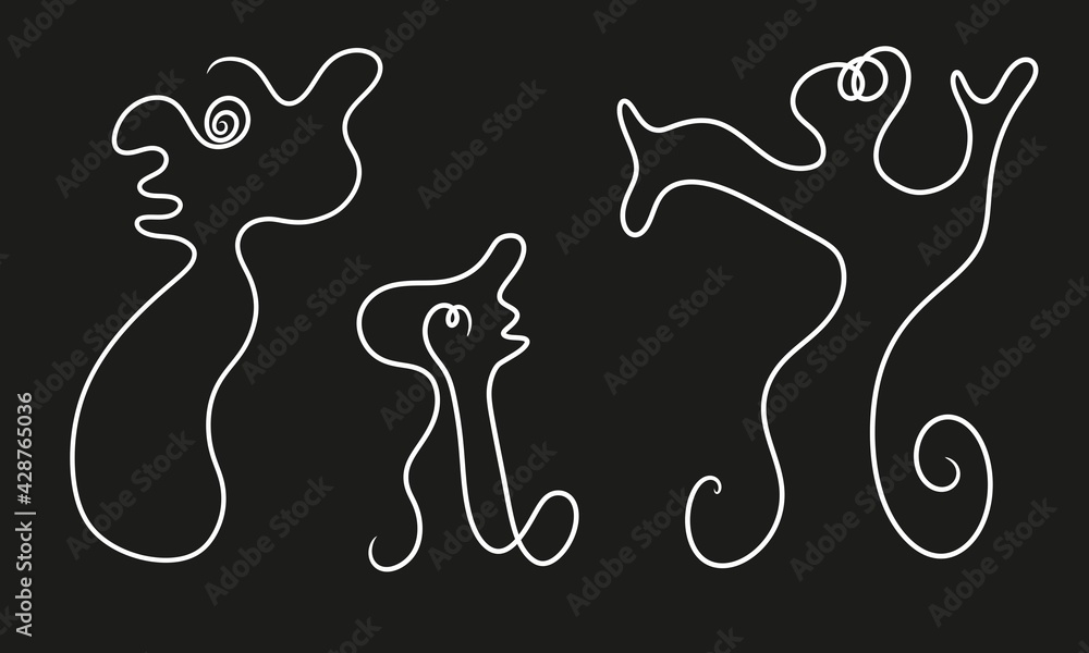 Abstract hand drawn monsters or aliens in different poses. White ...