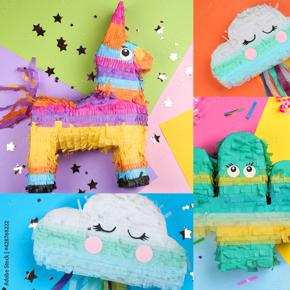 Collage with photos of funny pinatas on different color backgrounds ...