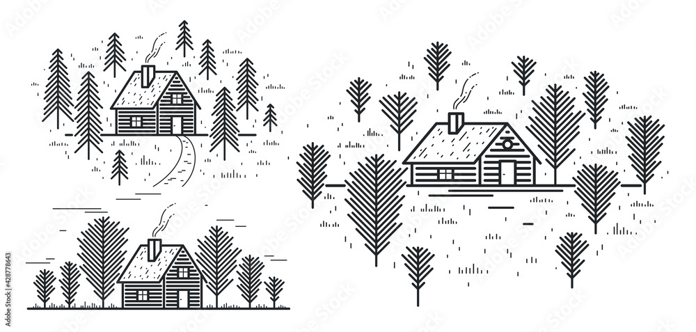 Cabin in woods pine forest linear vector nature illustration isolated ...