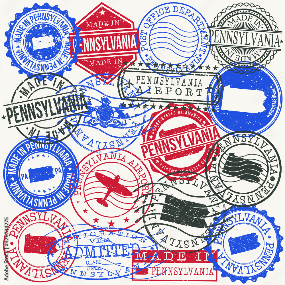 Pennsylvania, USA Set of Stamps. Travel Passport Stamps. Made In ...