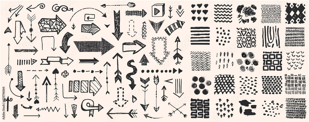 Set of various hand drawn doodle arrows, textures, patterns ...