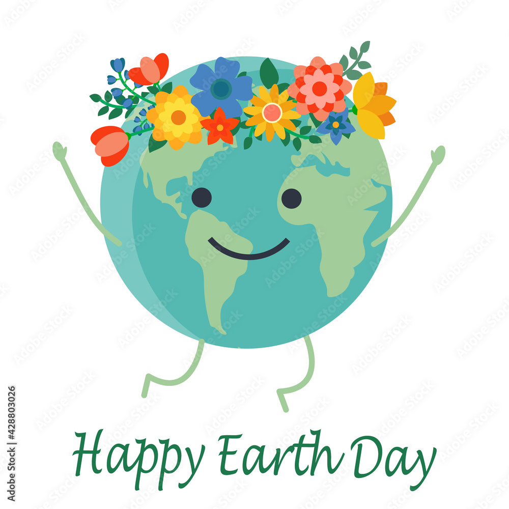Happy Earth Day card. Jumping smiling planet Earth in flowers crown ...