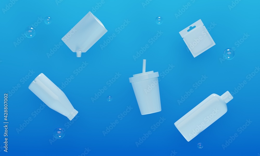 Plastic debris floating underwater in the ocean. 3d rendering Stock ...