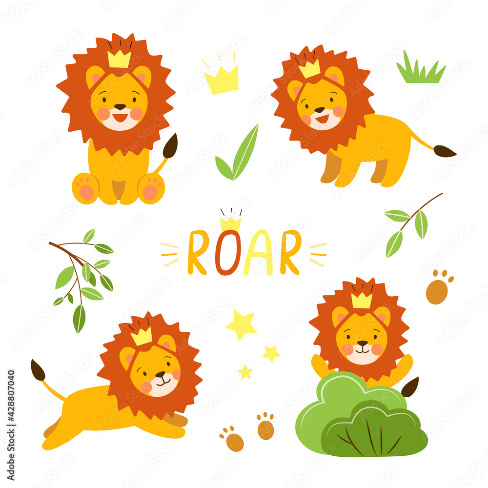 Vector set of little cute lion cubs playing in the forest with roar ...