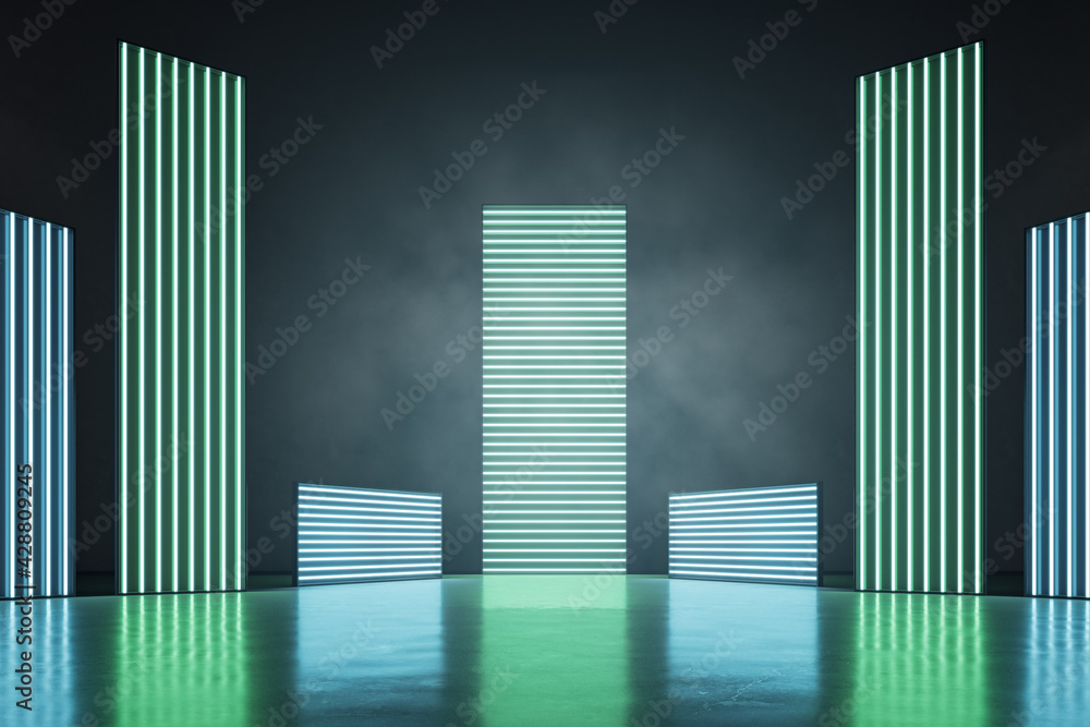 Green and blue neon light bars of different height in an empty dark ...