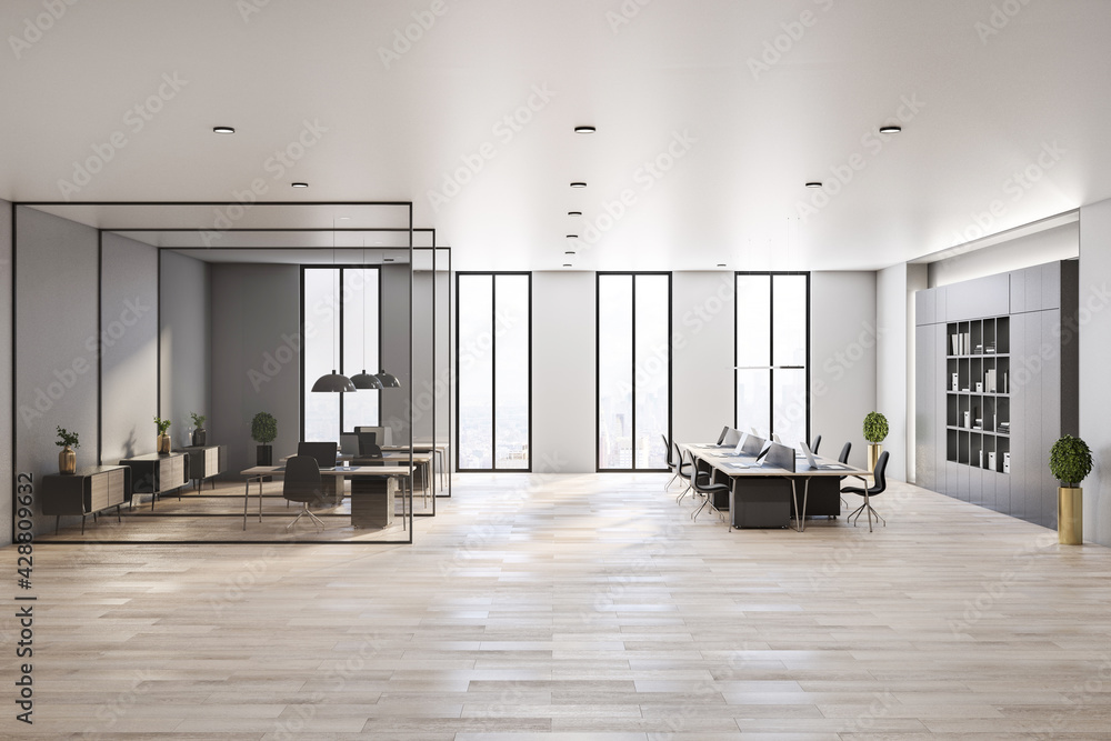 Modern interior design of spacious office hall in skyscraper with ...