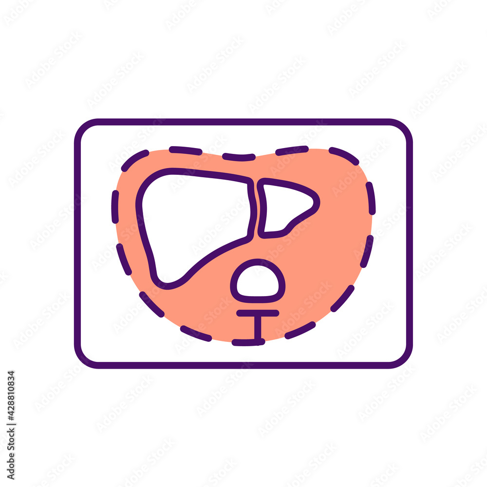 Liver exam RGB color icon. Liver shape and consistency determination ...