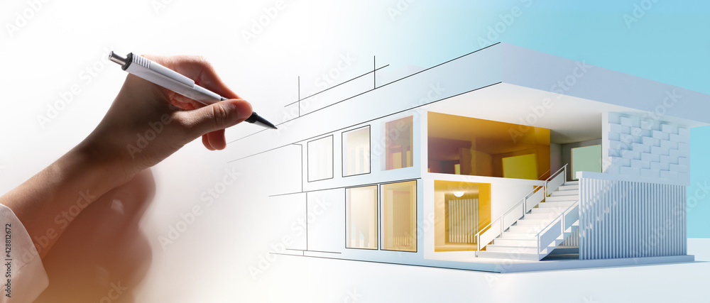 Modern architecture. Man's hand is drawing a modern building. Drawing ...