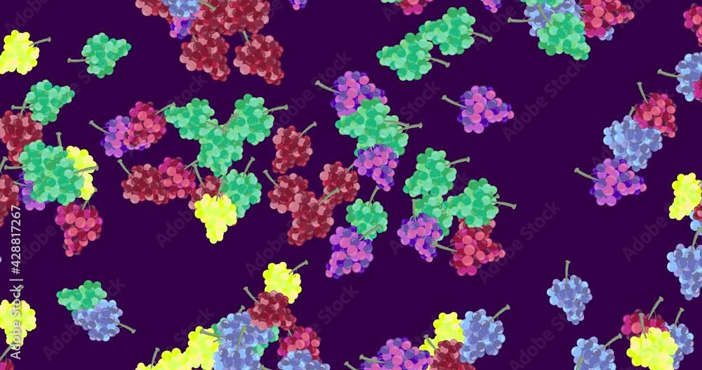 Grapes flying animation. Bunches of grapes of various varieties and ...