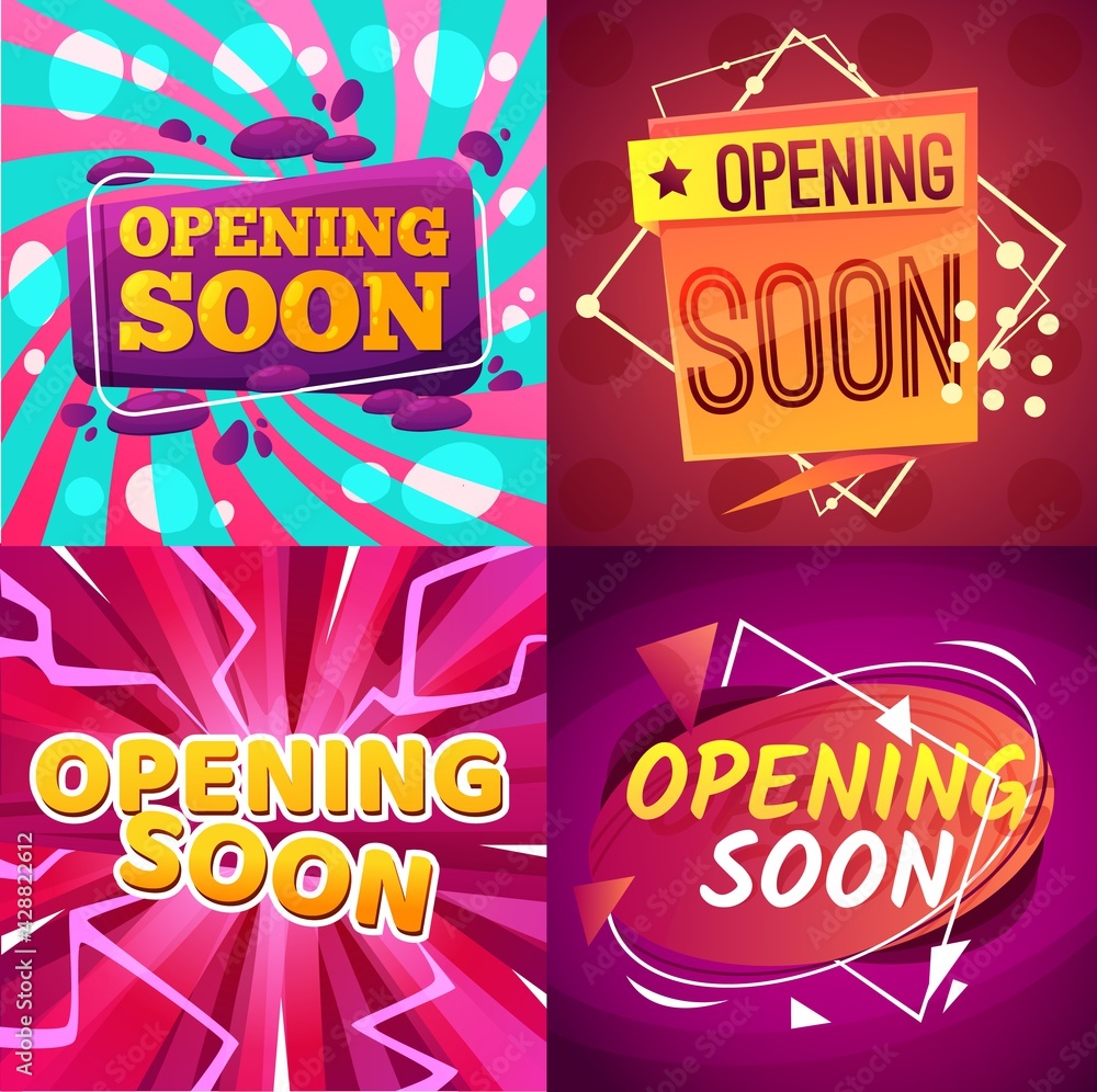Opening soon cartoon banners vector promotion and announcement design ...