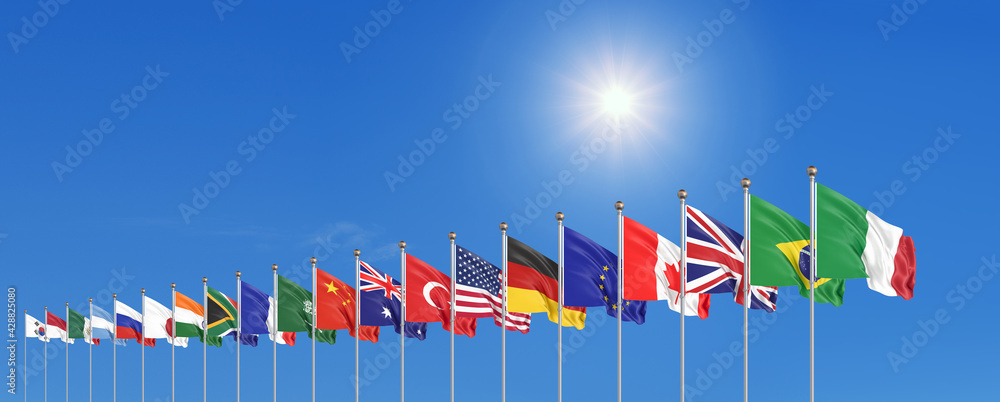 Waving flags countries of members Group of Twenty. Big G20, in Rome ...