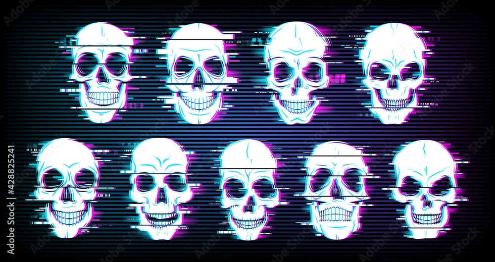 Vetor de Glitch skulls vector distorted neon glowing pixelized craniums ...