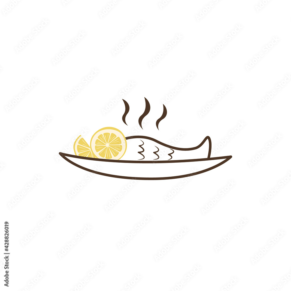 Simple minimalist icon with a plate of roasted or fried fish. Use lemon ...