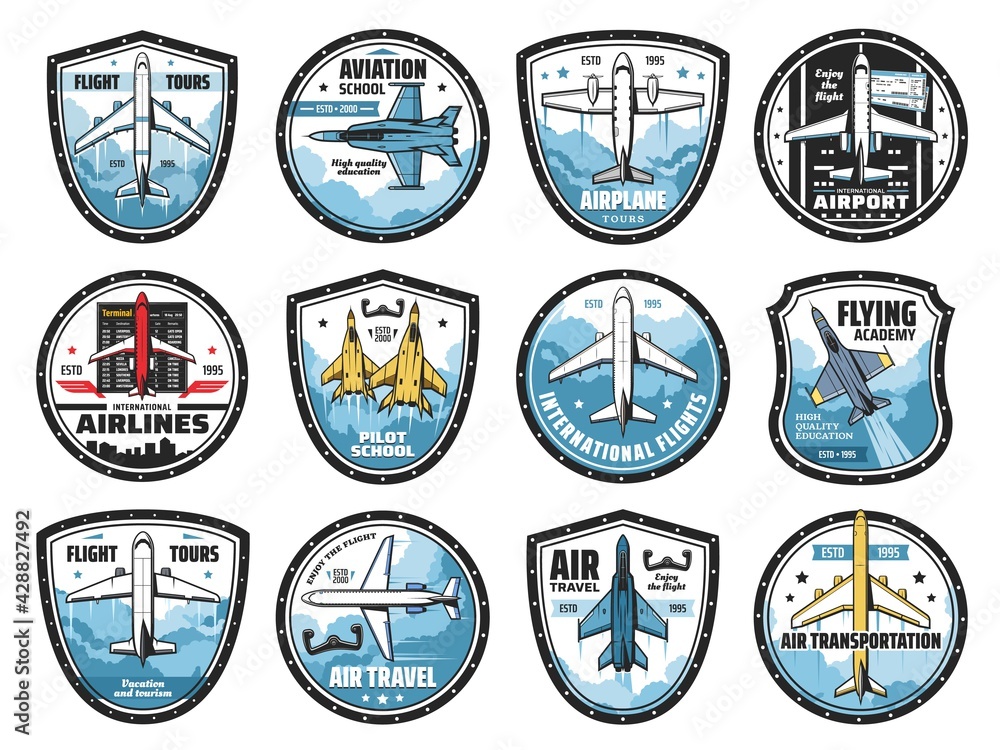 Aviation and airplanes vector icons. Modern planes flying in sky ...