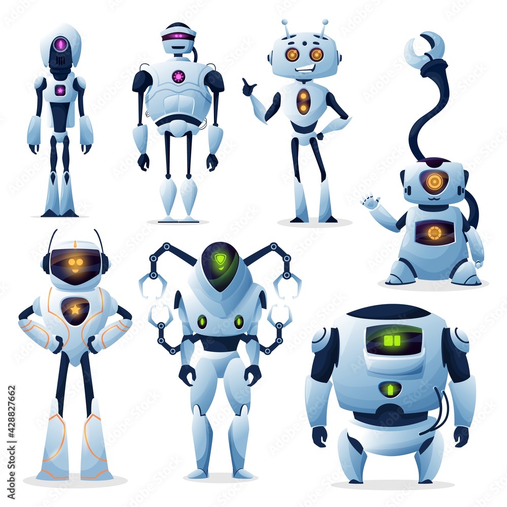 Cartoon robots, cyborg androids and robotic AI creatures vector ... Cartoon robots, cyborg androids and robotic AI creatures vector ...