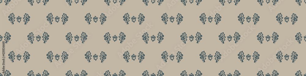 Hand carved oak leaf block print seamless border pattern. Rustic naive ...