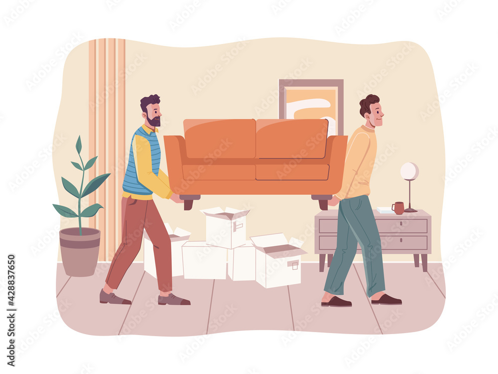 People moving to new house, room interior design. Vector loaders ...