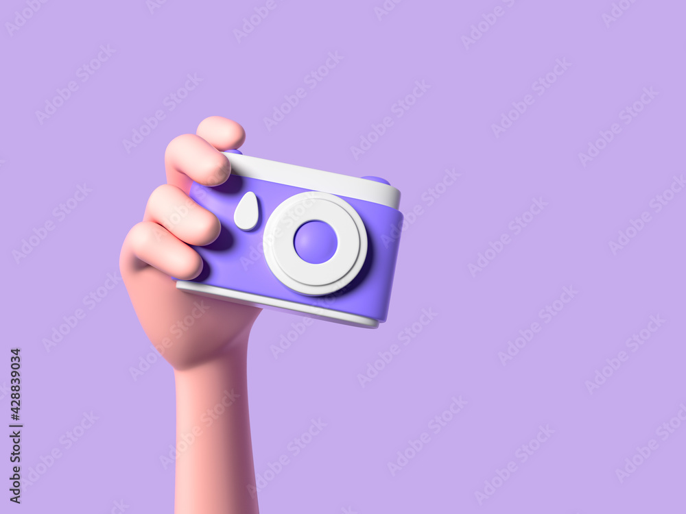 Cartoon hand holding photo camer on purple background with copy space ...