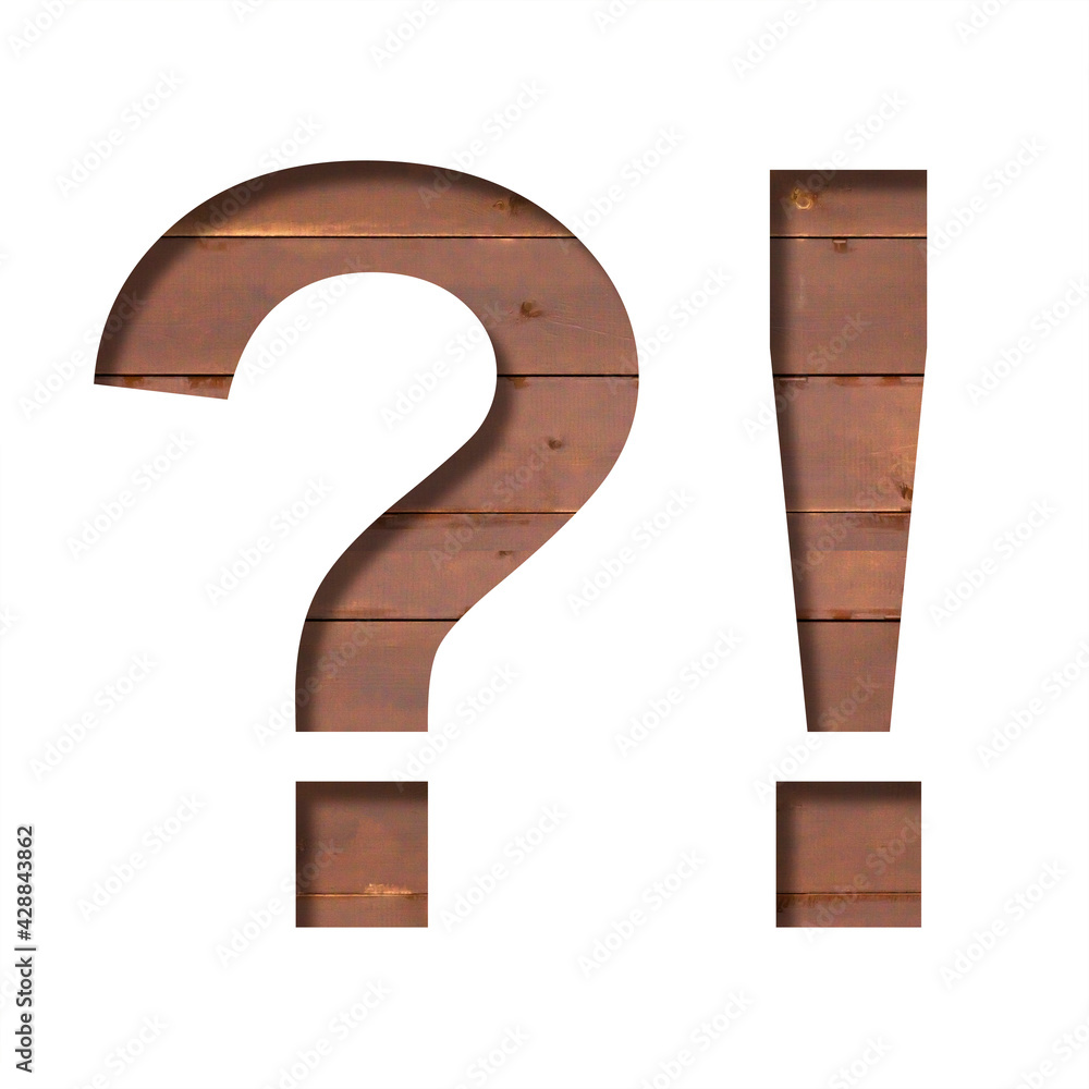 Font on the boards. Exclamation and question marks, cut out of paper on ...