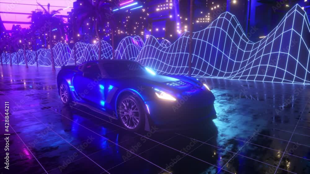 80s retro background 3d animation. Futuristic car drive through neon ...