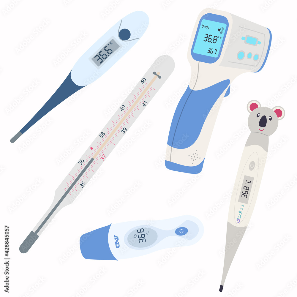 Set of different types of thermometers for measuring temperature. Color ...