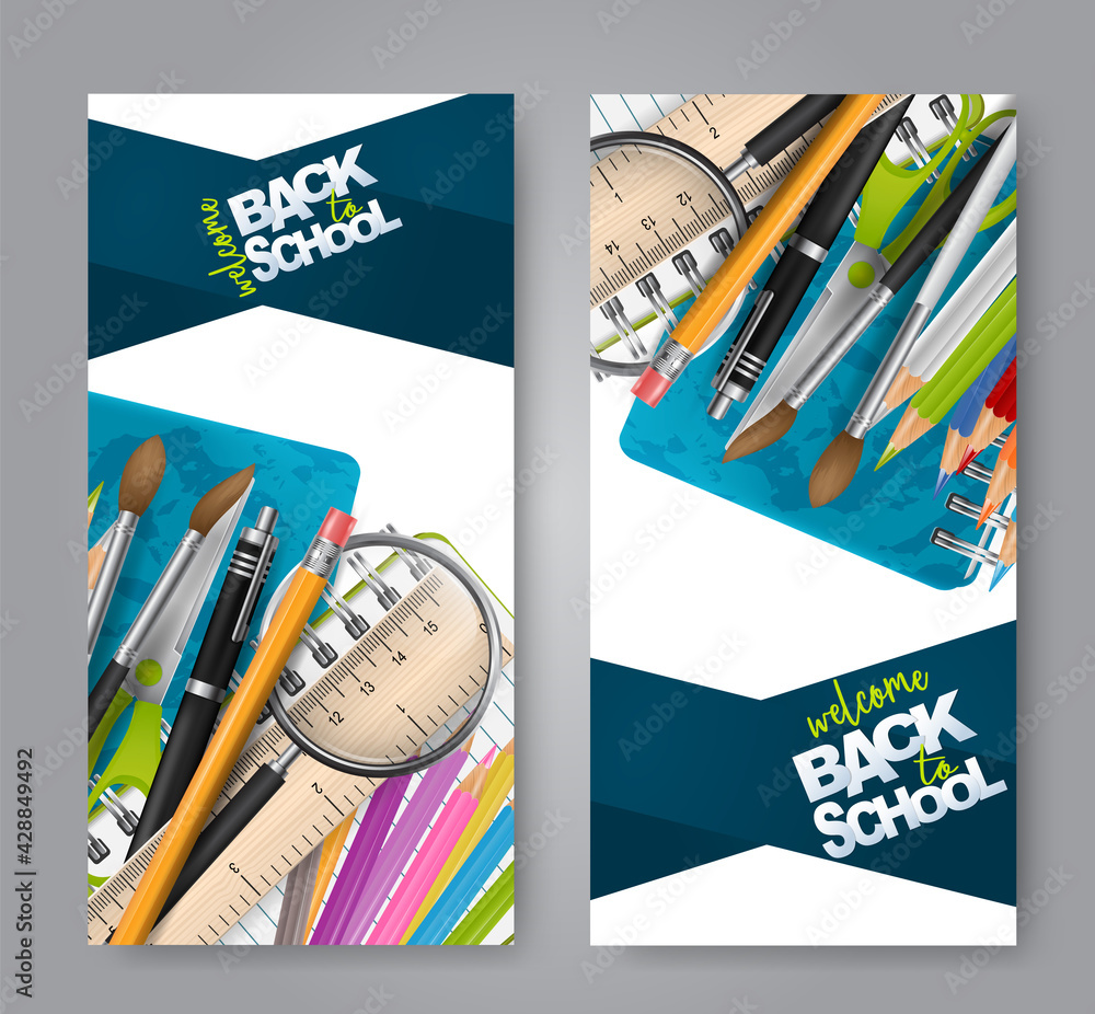 Welcome back to school leaflet flyer set with realistic education ...