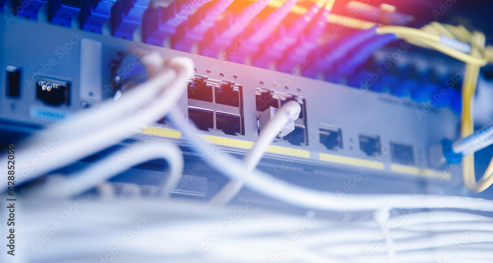 Business Network panel with switch and cable rj45 in data center blue ...