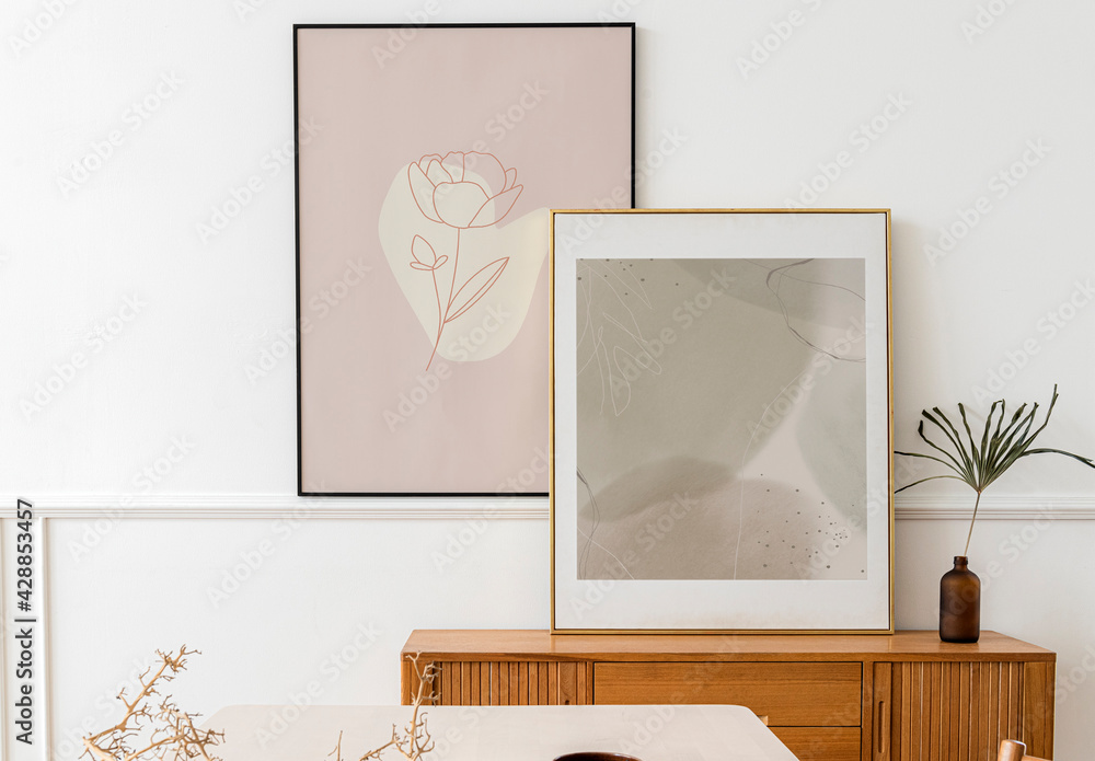 Picture Frame Mockups on Wooden Sideboard Table Stock Template | Adobe ...