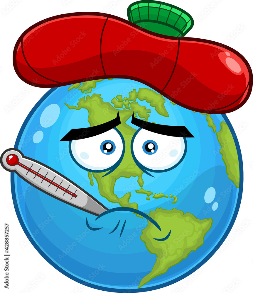 Sick Earth Globe Cartoon Character With Thermometer And Ice Bag. Vector ...