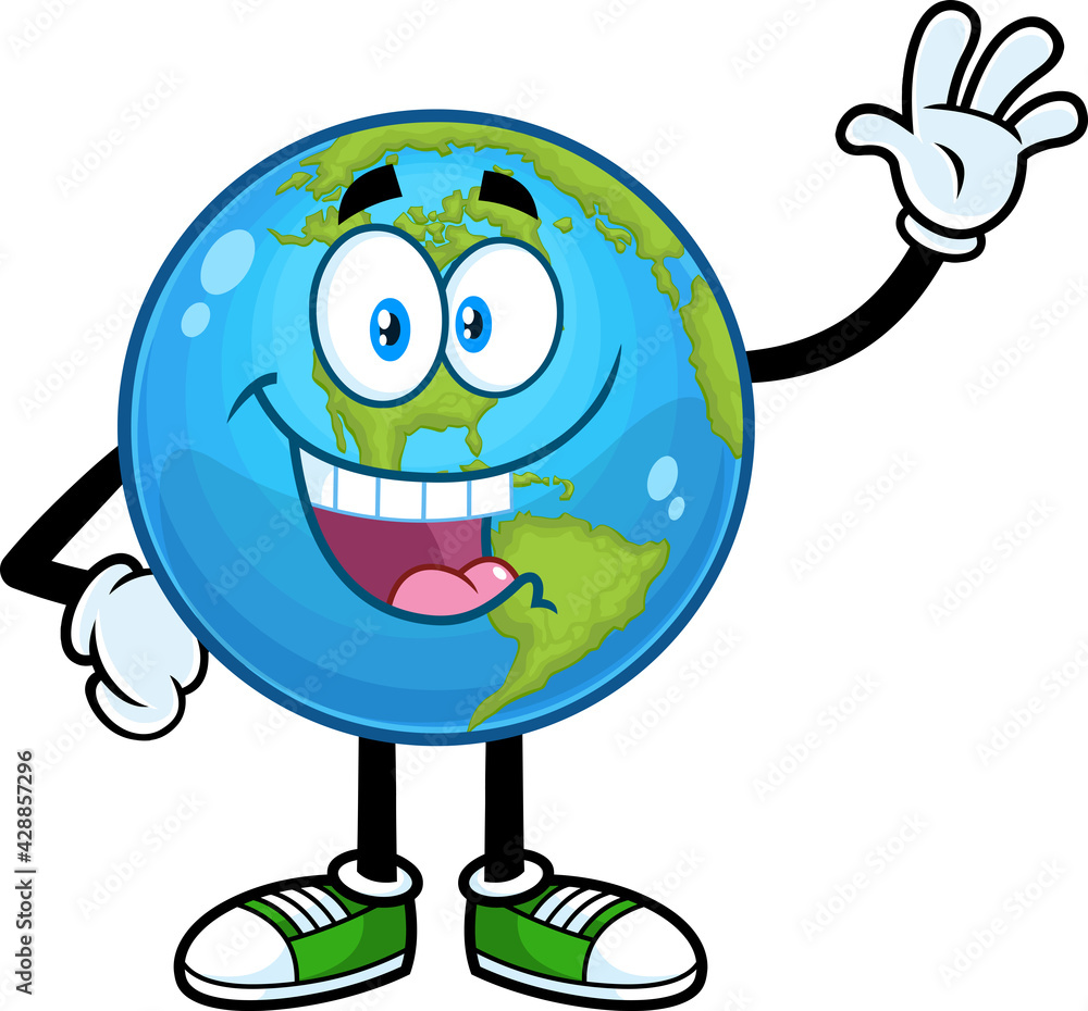 Happy Earth Globe Cartoon Character Waving For Greeting. Vector Hand ...