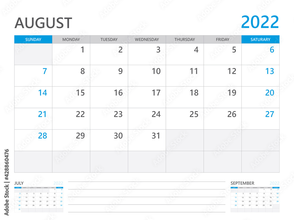 August 2022 year, Calendar planner 2022 and Set of 12 Months, week ...