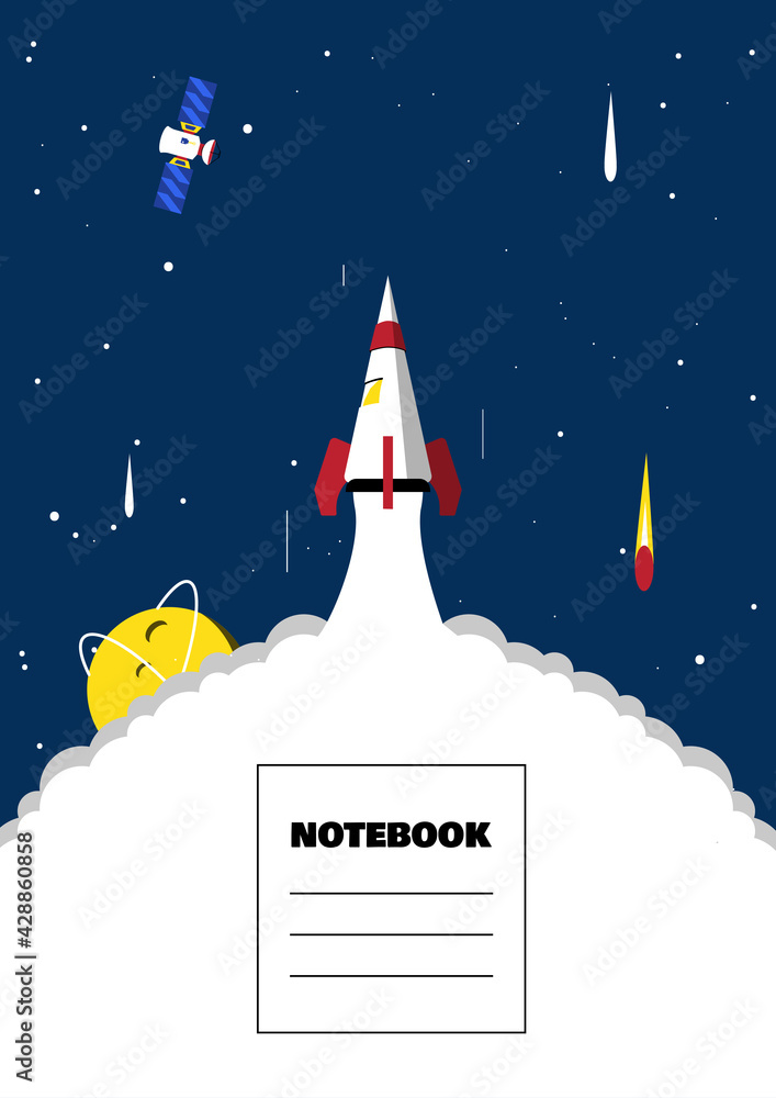 Blue Space Notebook Cover. Astronomy Template Design with rocket ...