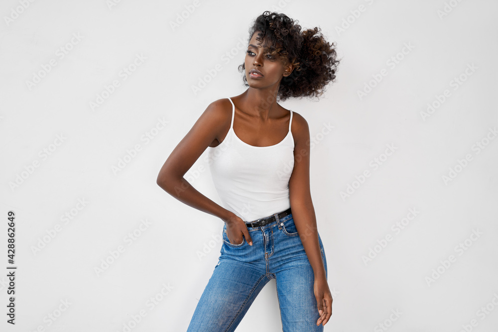 Fashion photo of beautiful black female model isolated on white ...
