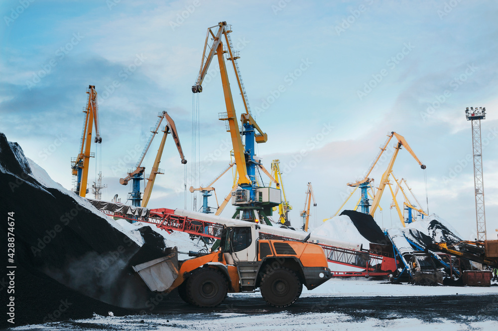 Coal terminal in the port, loading of coal into the holds of bulk ...