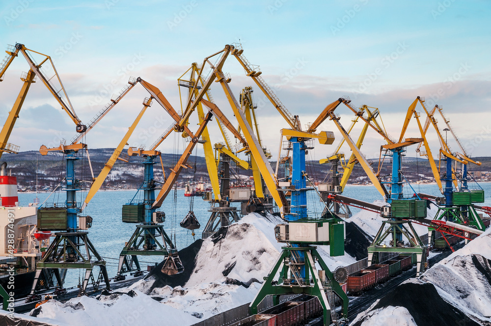 Coal terminal in the port, loading of coal into the holds of bulk ...
