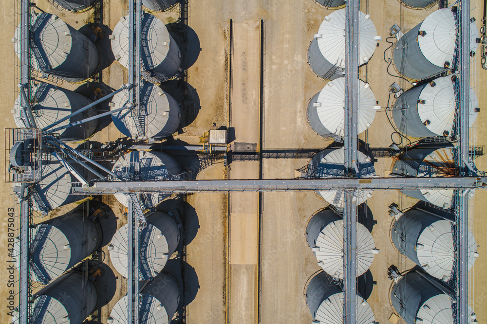 Aerial Overhead view of massive Grain Storage facility. Rows and Rows ...