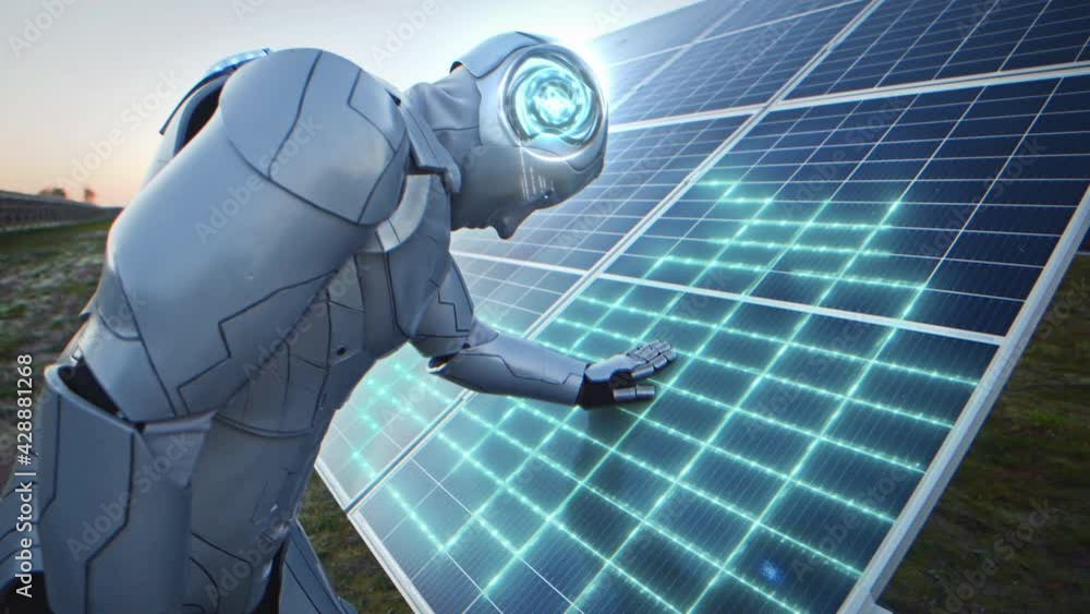 Video Stock Human-like cyborg robot hand touching, activating solar ...