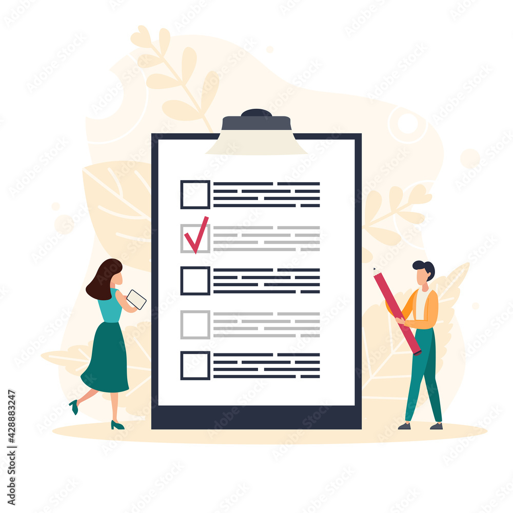 Complete checklist and check mark ticks. Man holding pencil while ...