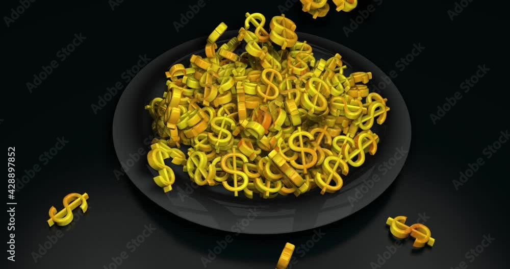 Large amount of gold dollar signs fall into reflective black plate to ...