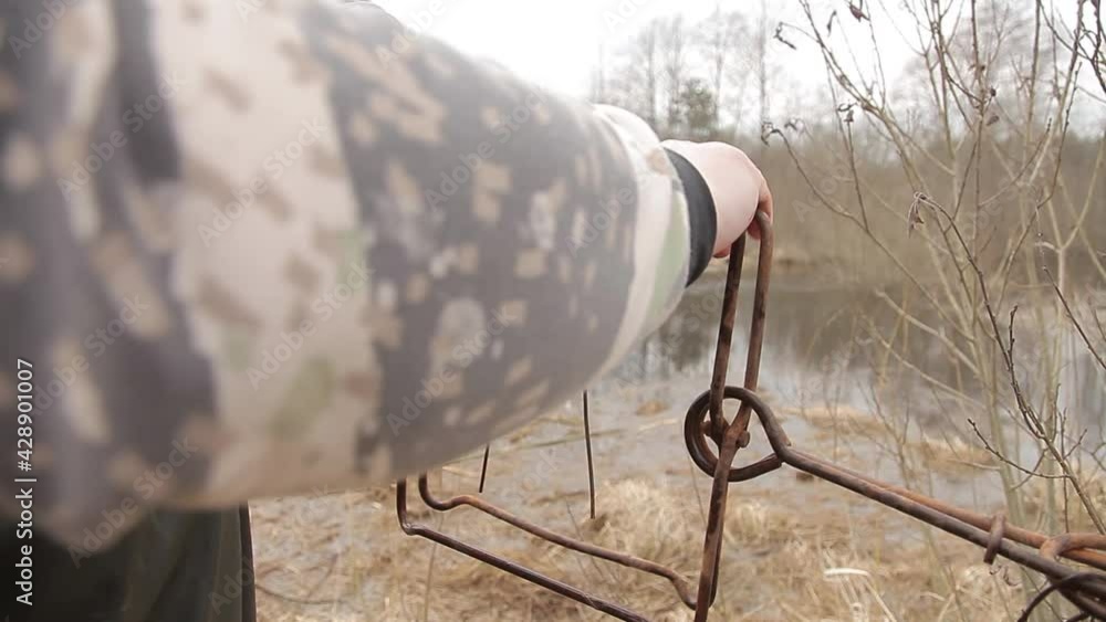 A male hunter sets a metal trap for a beaver. Beaver hunting in a trap ...